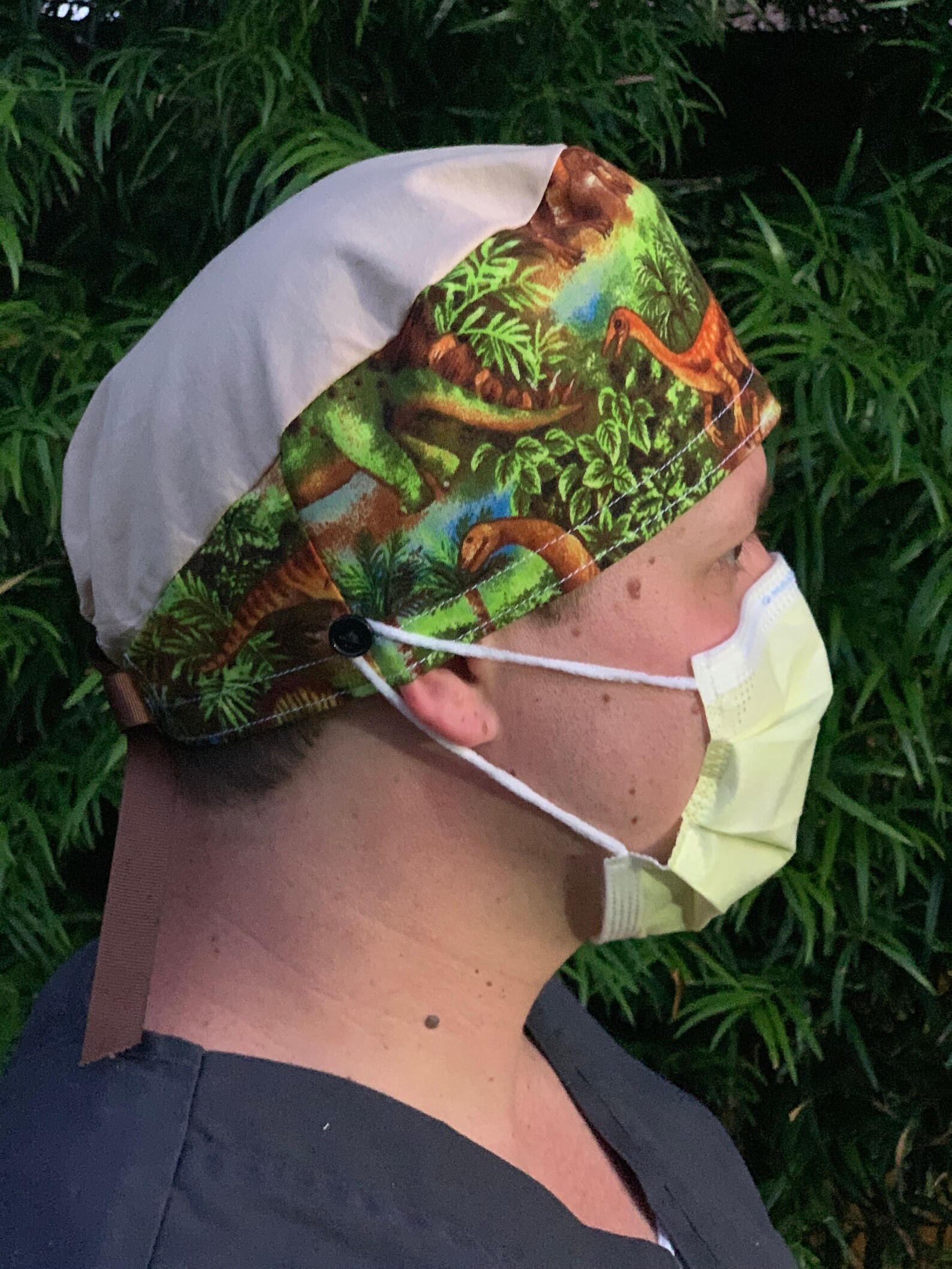 Dinosaur Surgical Cap With Button, Jurassic Park Like Scene Featuring T ...