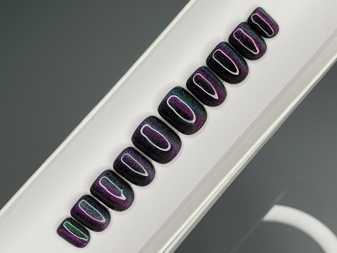 Short Press on Nails Black Cateye Magnetic Galaxy Glitter Sparkle - Etsy