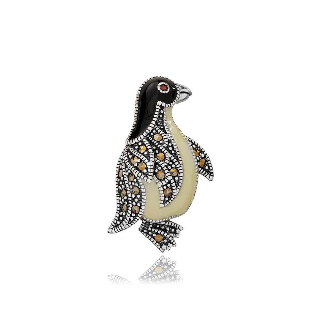 Penguin Pin, Sterling Silver Brooche, 925 Sterling Silver & Marquise Gemstone, Black and White ...