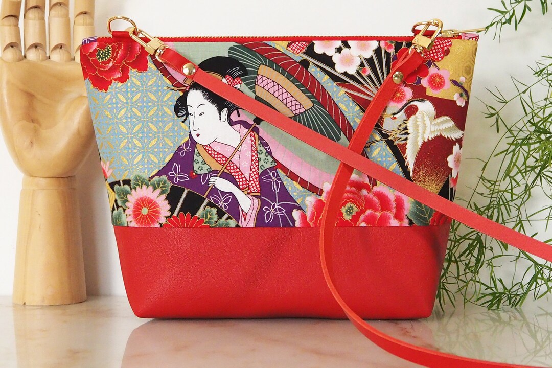 Japanese Fabric Bag With Geisha Patterns and Red Leather Shoulder Strap ...