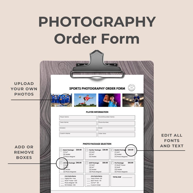 Sports Photos Order Form, Photography Pricing, Customizable Invoice for ...