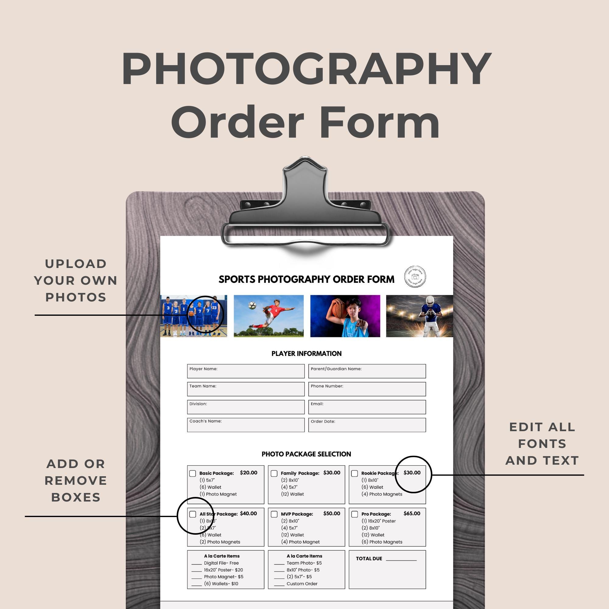 Sports Photos Order Form, Photography Pricing, Customizable Invoice for ...