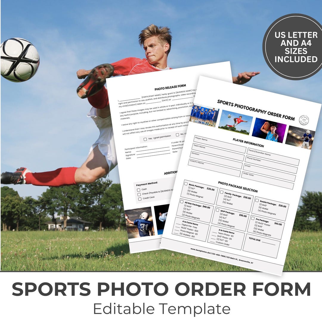 Sports Photos Order Form, Photography Pricing, Customizable Invoice for ...