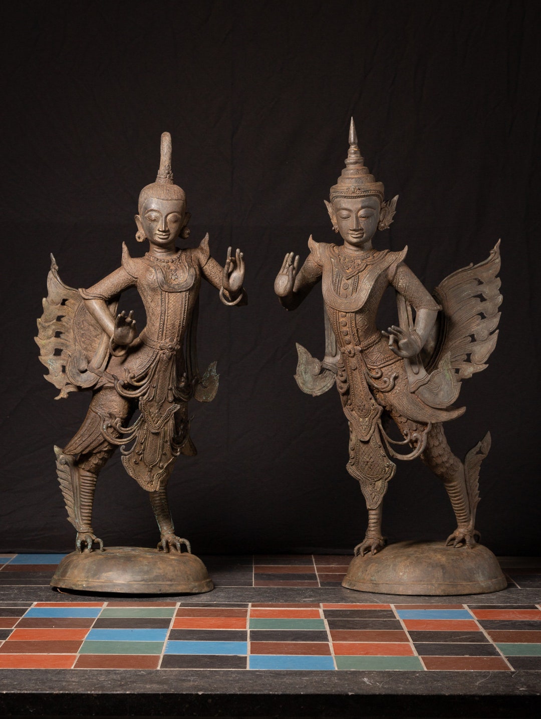 Special Large Bronze Pair of Kinnari Statues From Burma, Early 20th ...
