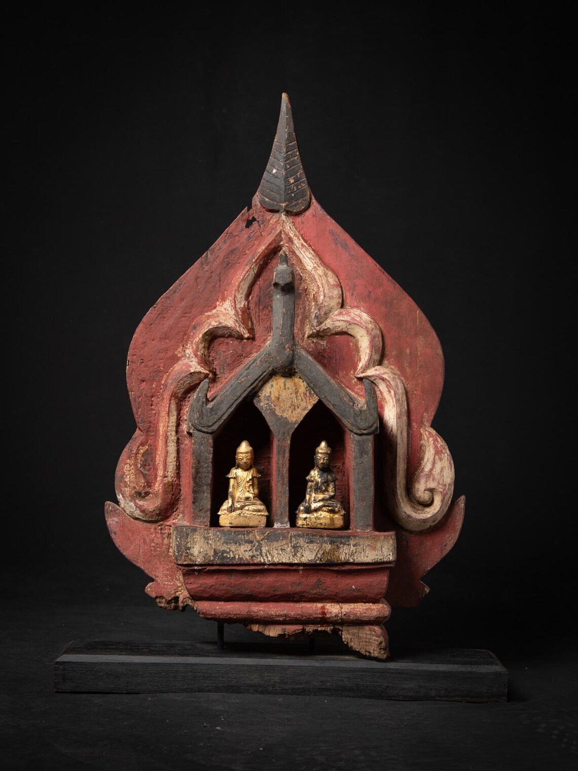 Antique Wooden Burmese Temple Fragment With Two Buddha Statues From ...