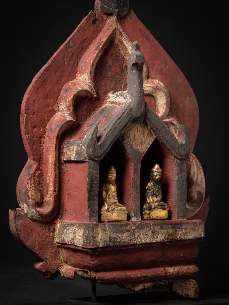 Antique Wooden Burmese Temple Fragment With Two Buddha Statues From ...