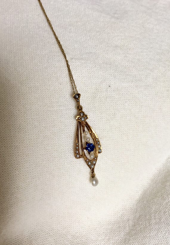 Victorian Lavalier 14k Gold Sapphire with Seed Pearl - Gem