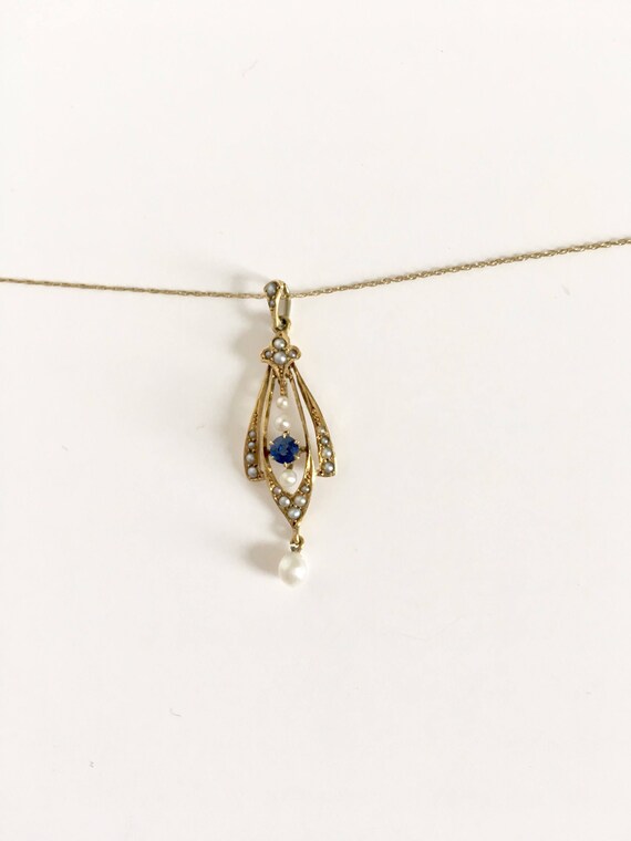 Victorian Lavalier 14k Gold Sapphire with Seed Pearl - Gem