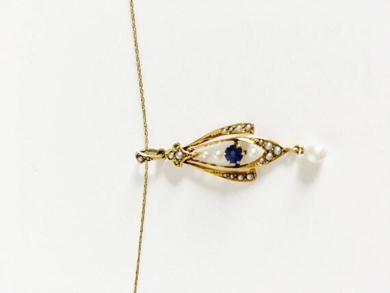 Victorian Lavalier 14k Gold Sapphire with Seed Pearl - Gem