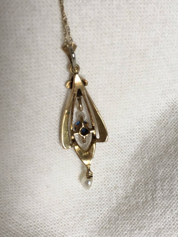 Victorian Lavalier 14k Gold Sapphire with Seed Pearl - Gem
