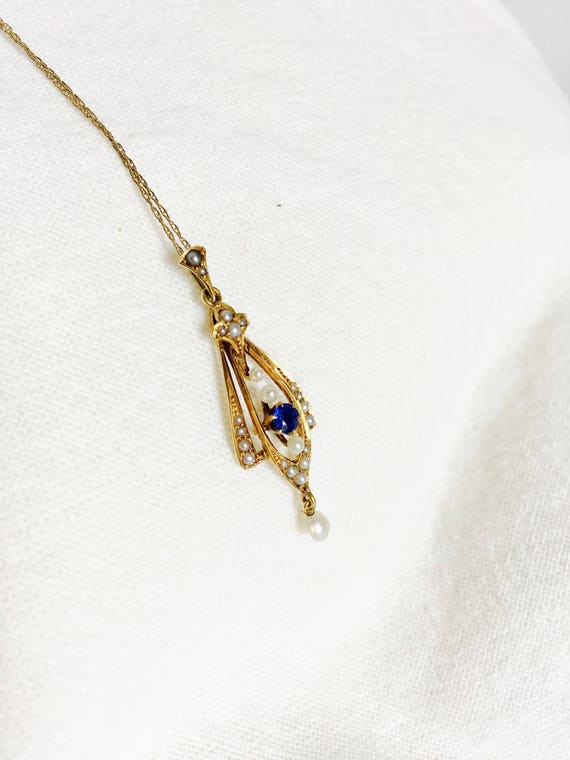 Victorian Lavalier 14k Gold Sapphire with Seed Pearl - Gem