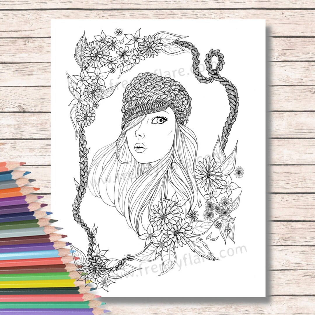 Coloring Pages for Adults or Kids. Beautiful Girl With Crochet Hat and ...