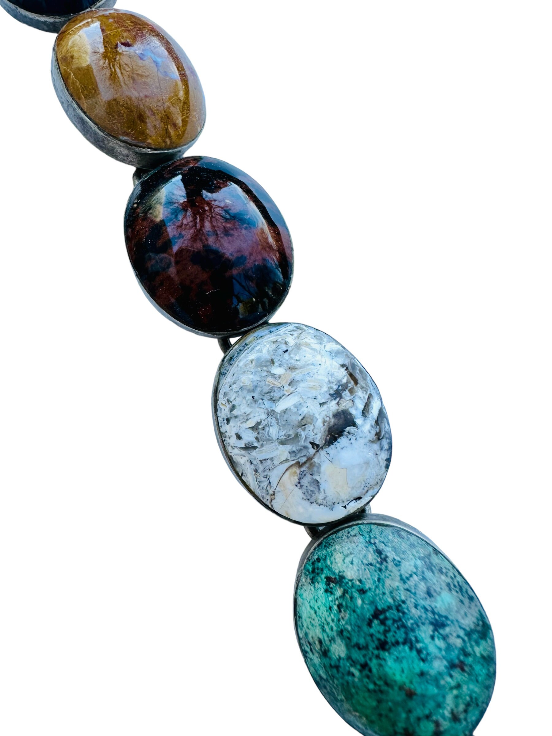 Large Heavy Bracelet Vintage Sterling Silver Gemstones Jasper Agate ...