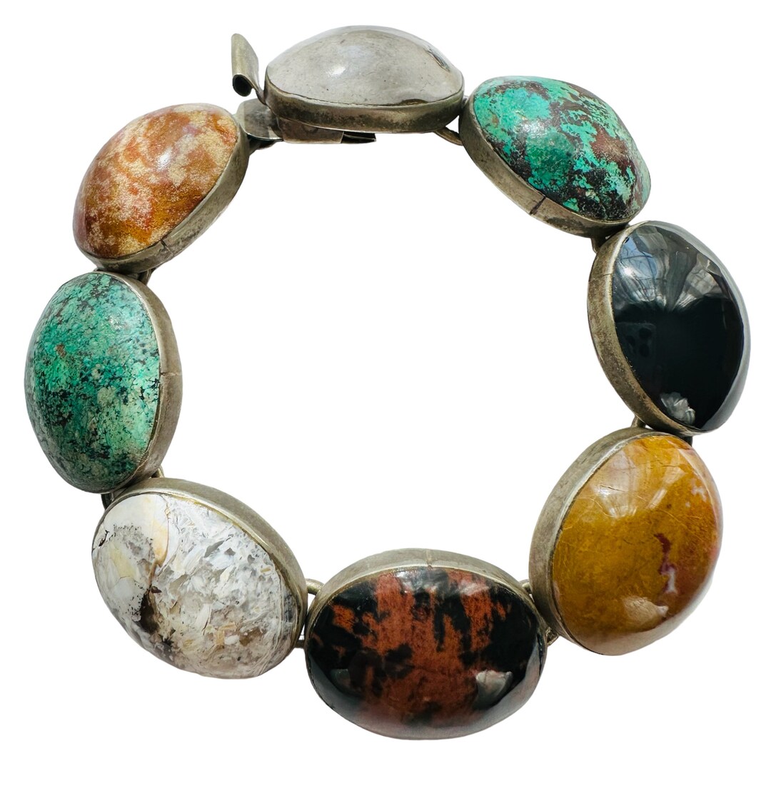 Large Heavy Bracelet Vintage Sterling Silver Gemstones Jasper Agate ...