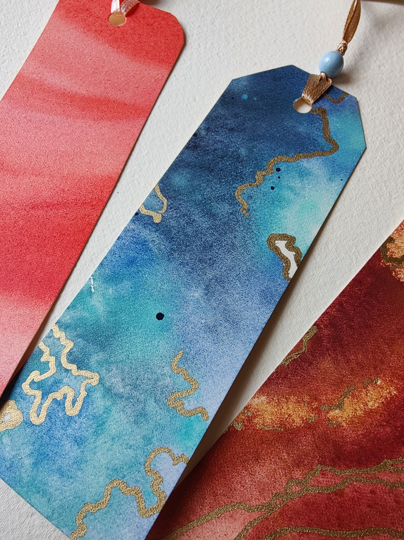 Hand Painted Bookmarks Blue Golden Original Art Gift Bookmark ...