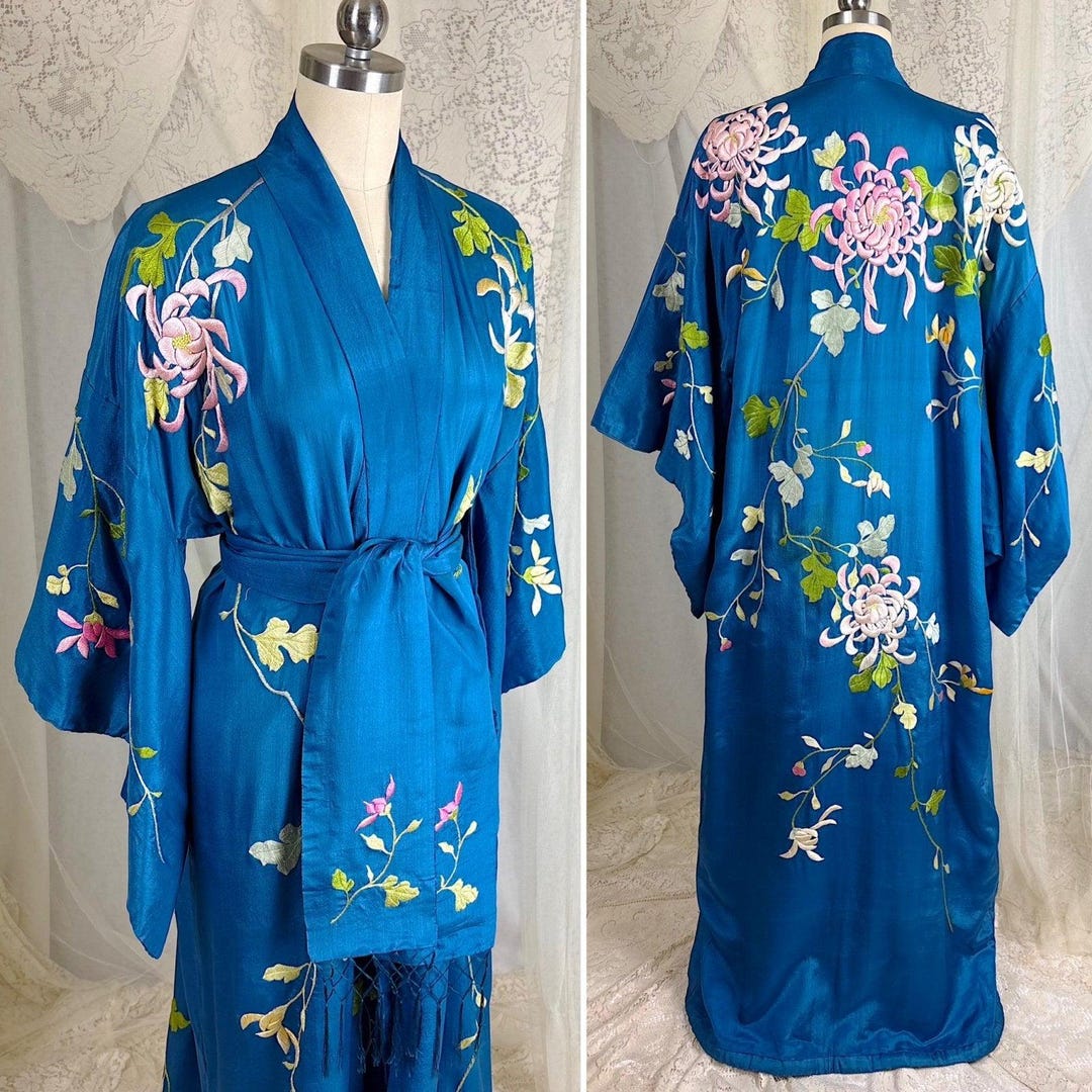Antique 1910s-1920s Japanese Kimono - Cobalt Blue Silk With Art Nouveau ...