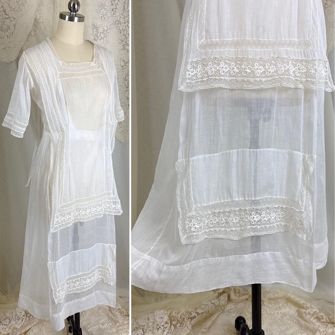 Antique 1910's Edwardian Semi Sheer Cotton Batiste Day Dress With ...
