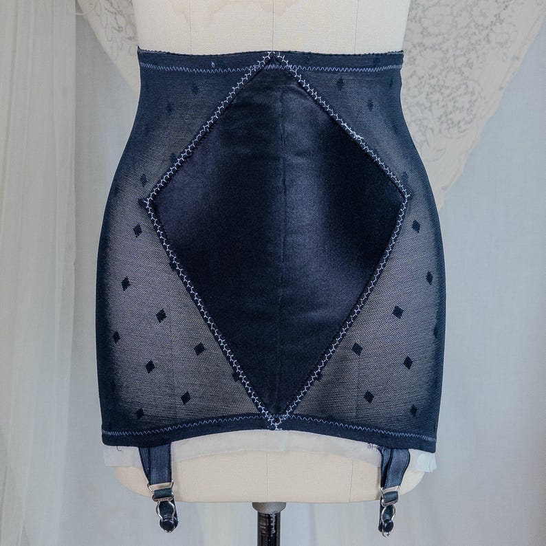Vintage 1950's Girdle - Black Diamond Print Mesh With Ruffled White ...
