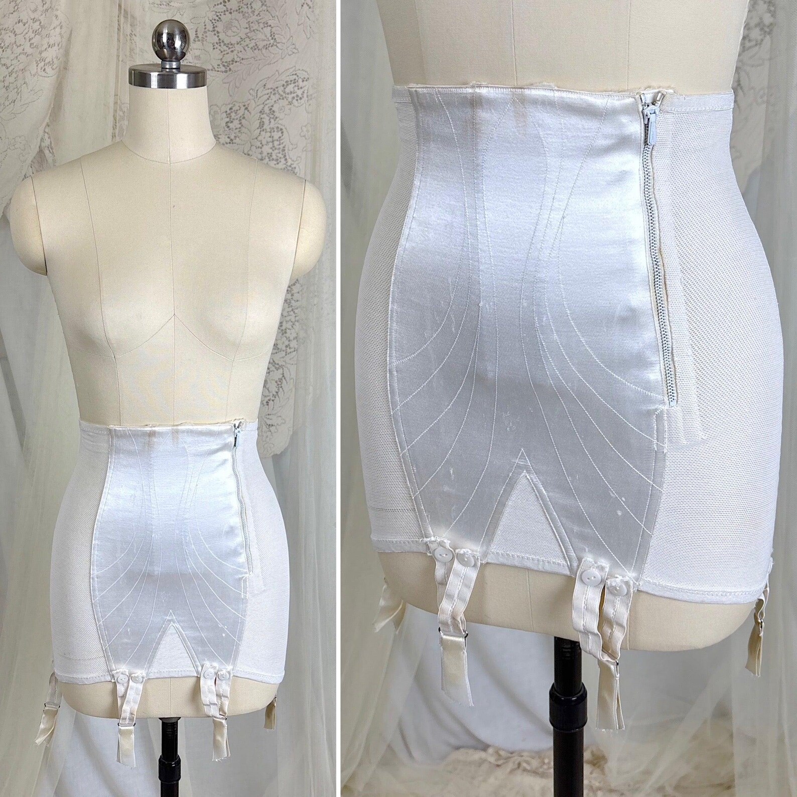Vintage 1950's Girdle - Bright White Embroidered Rayon Satin With ...