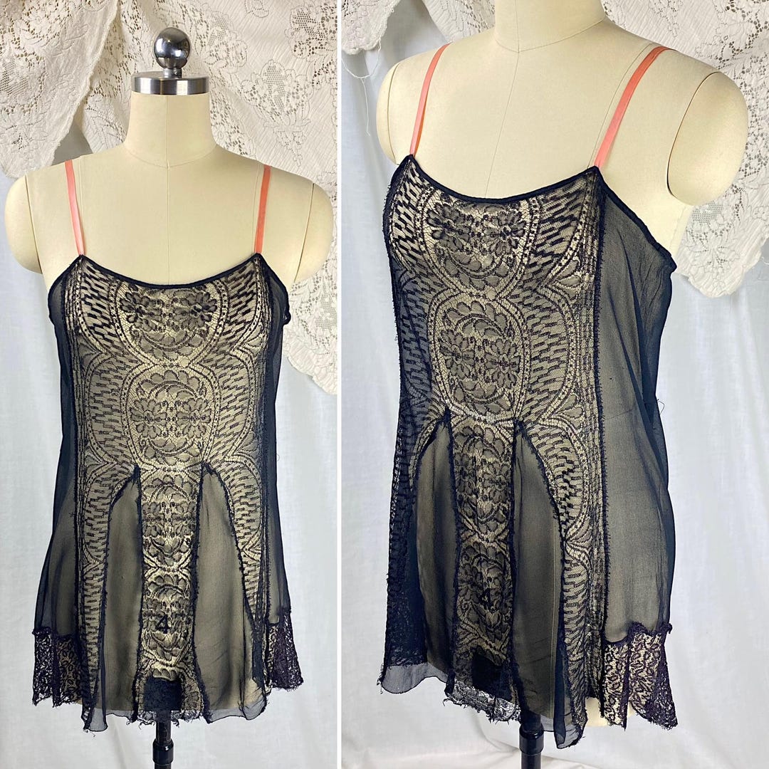 Vintage 1920's Step-in Teddy Chemise Sheer Black Silk Chiffon With ...