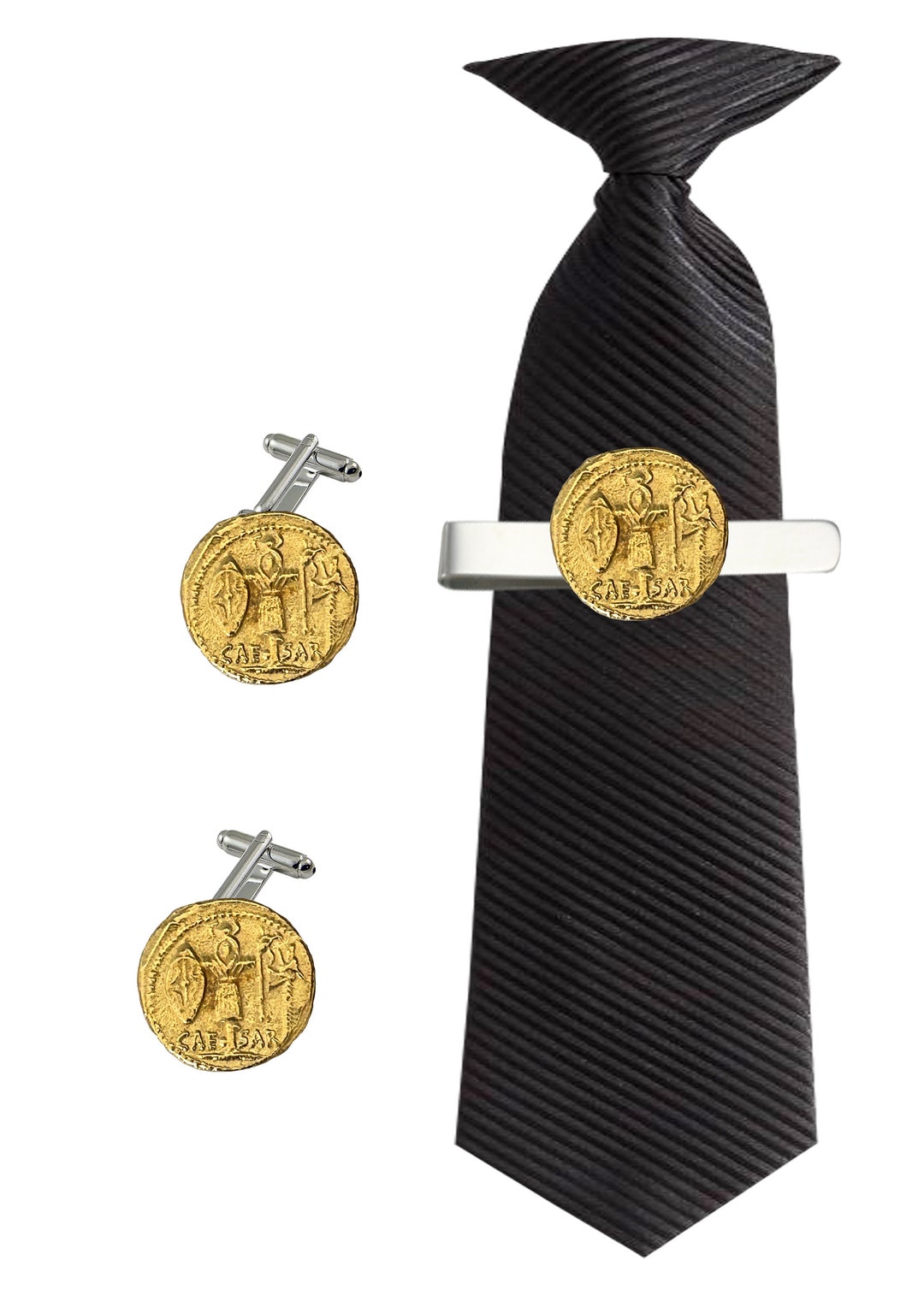 WC81 Aureus of Caesar Reverse Gold Gild Cufflinks Tie Slide Pins Bolo ...