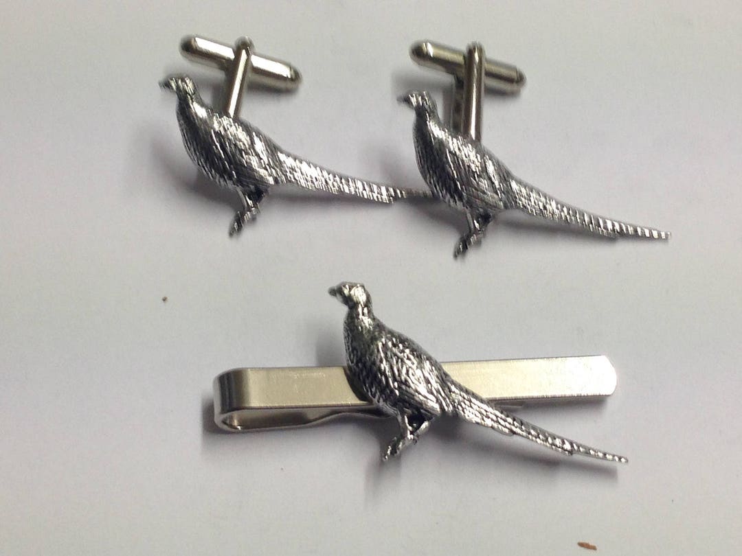 Standing Pheasant Y16 on A Pair of Cufflinks With A Tie Slide Set Made ...