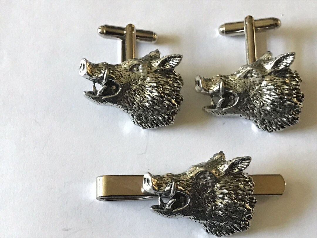 Boar Head on A Pair of Cufflinks With A Tie Slide Set A48 Made From ...