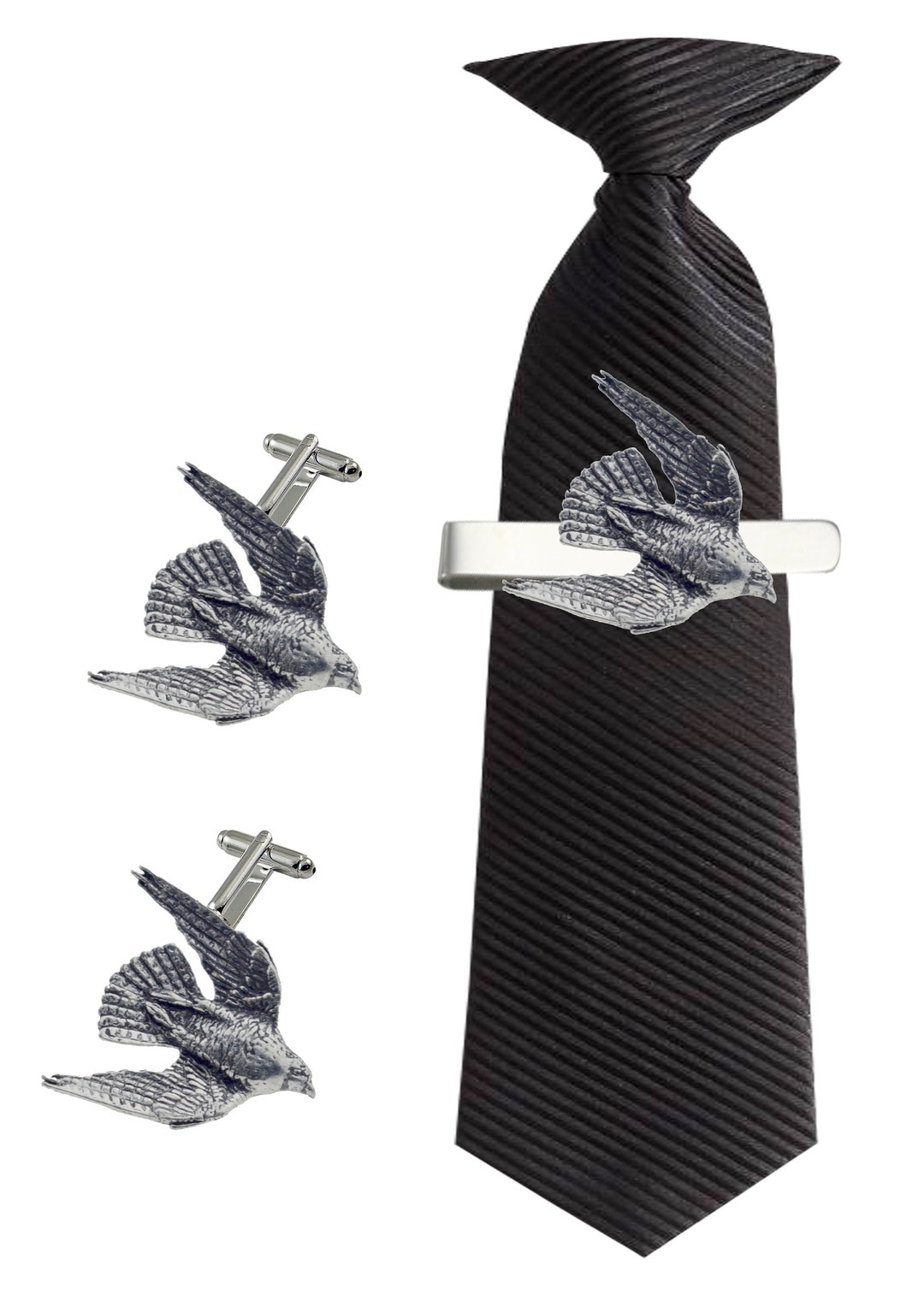 B15 Stooping Falcon 2.6cmx2.4cm English Pewter Cufflinks Tie Slide Sets ...