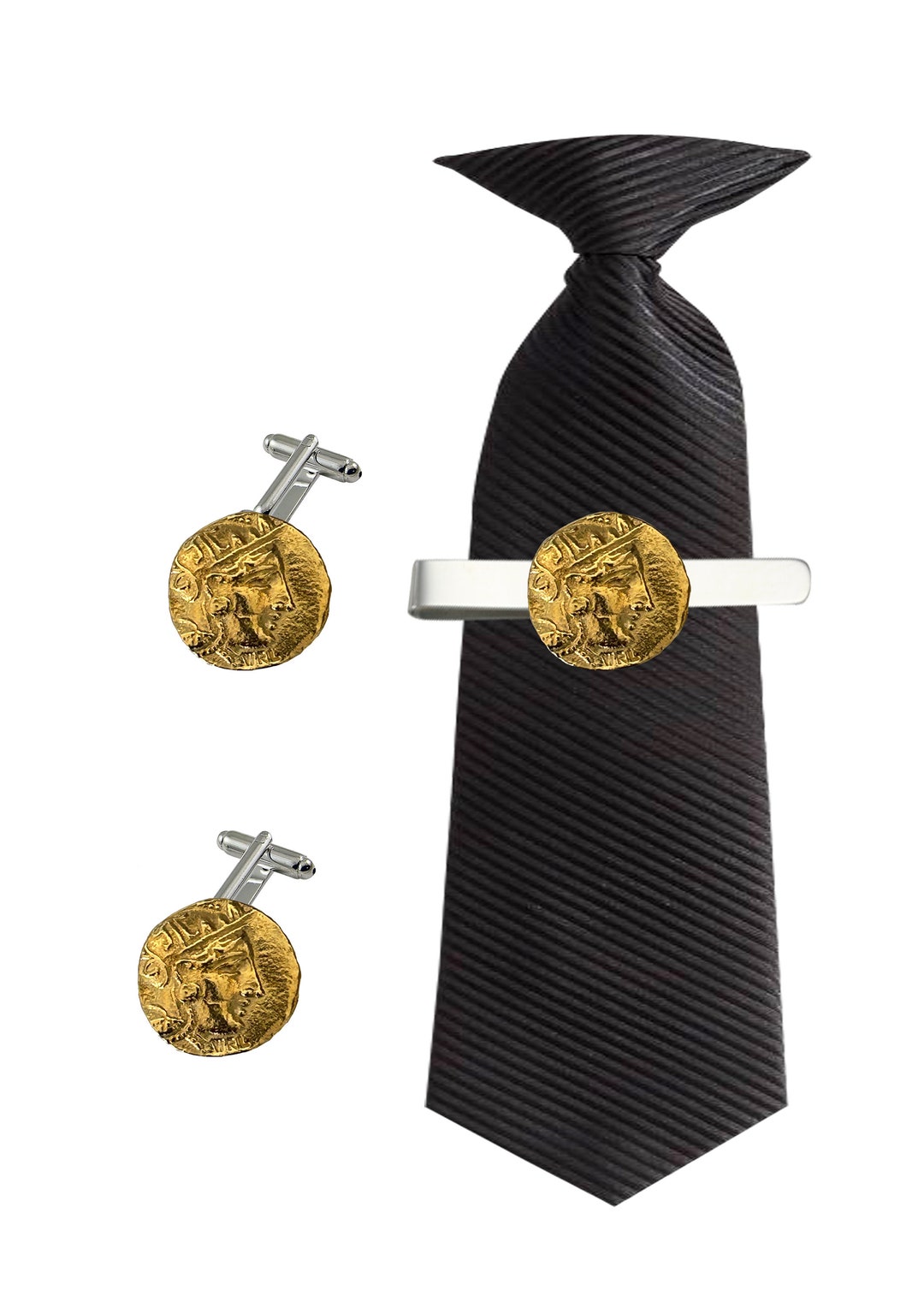 WC63 Athens Greek Heads Gold Gild Cufflinks Tie Slide Pins Bolo Neck ...