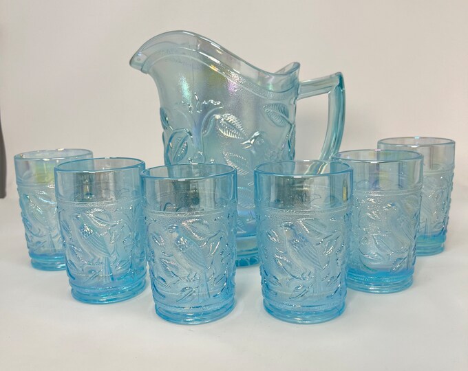 Imperial Ice Blue Carnival Glass Water Set Pitcher 6 Tumblers Birds Stunning Set Etsy