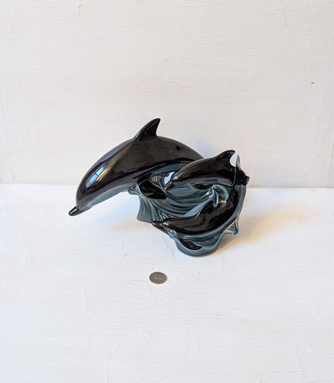 Pool Pottery, 'blue Dolphin Glaze' Dolphin (large) and Pair of Dolphins ...