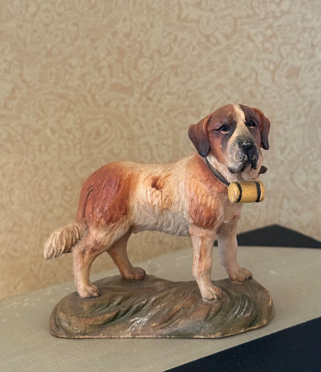 Vintage A. Comploj Wood Carving, St. Bernard Dog, With Brandy Keg ...