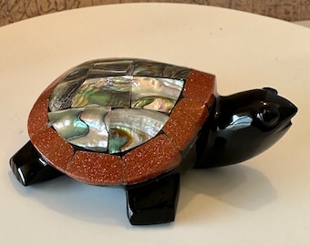 Vintage Black Obsidian Abalone Mother of Pearl Shell Turtle Figurine - Etsy