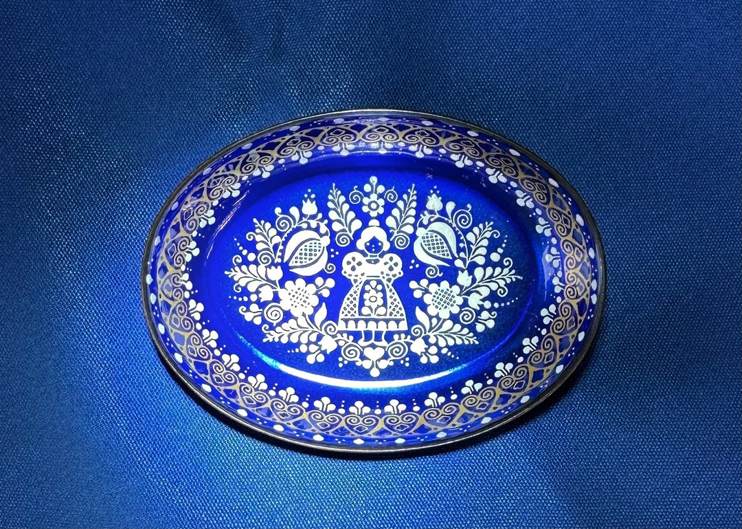 Vintage 1980s Steinbach, Enameled Sapphire Blue, Oval Metal Trinket ...