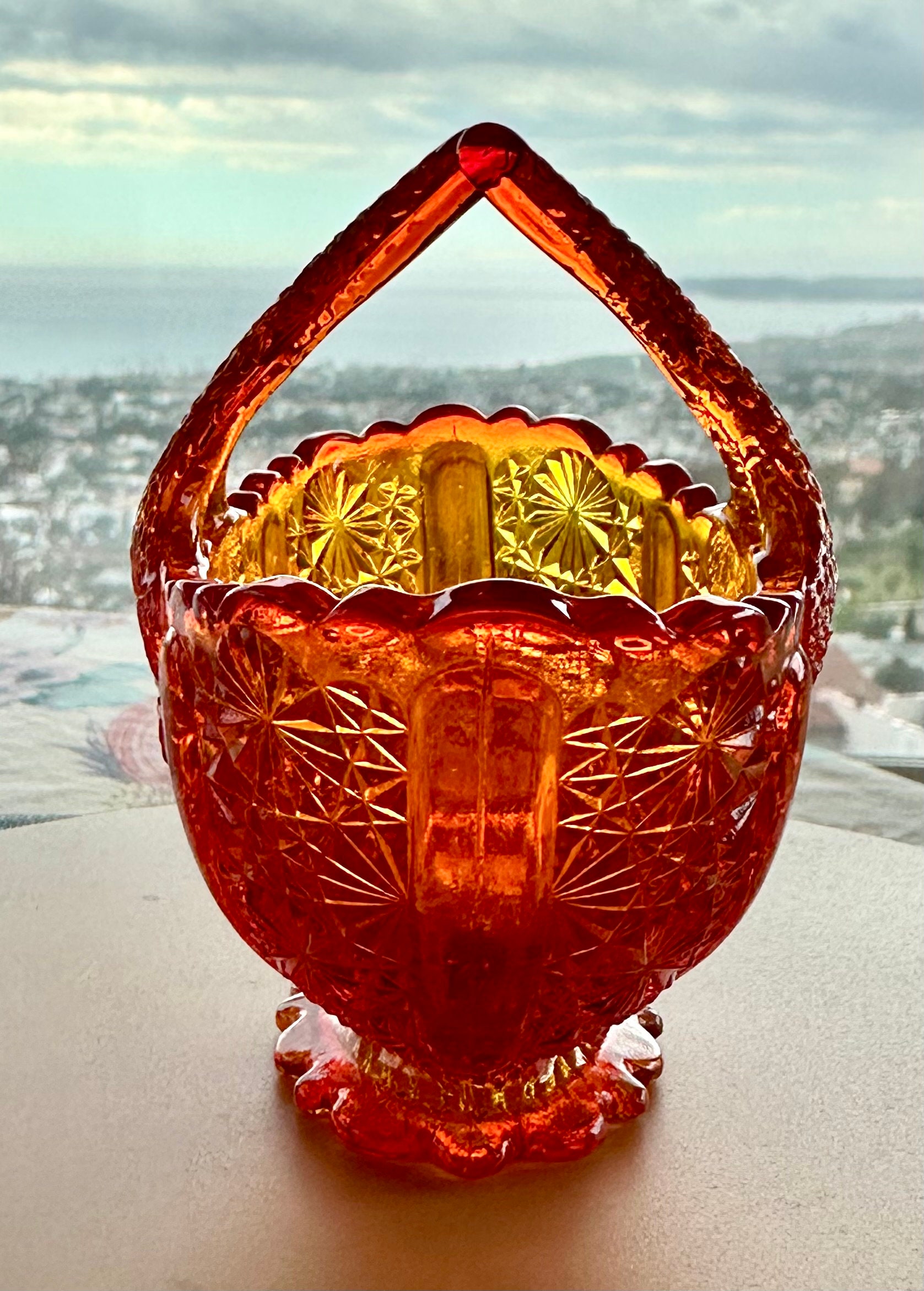 Vintage 1960s Fenton Amberina Basket, Daisy and Button Pattern, Split ...