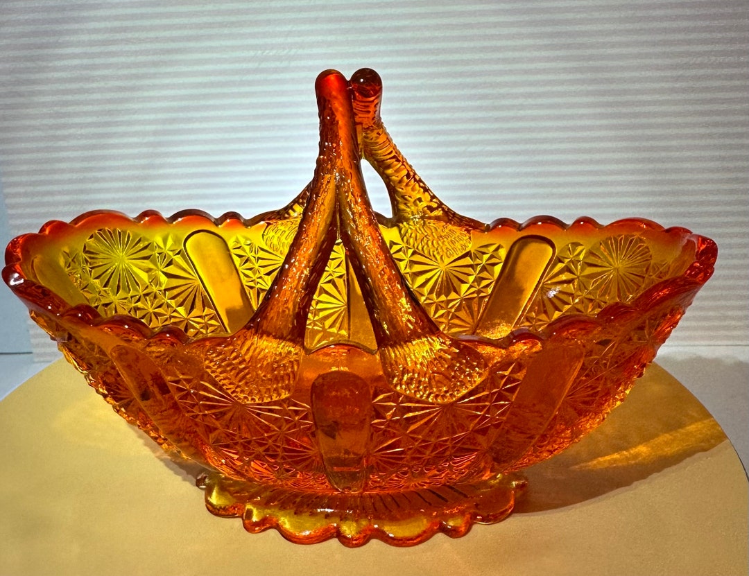 Vintage 1960s Fenton Amberina Basket, Daisy and Button Pattern, Split ...