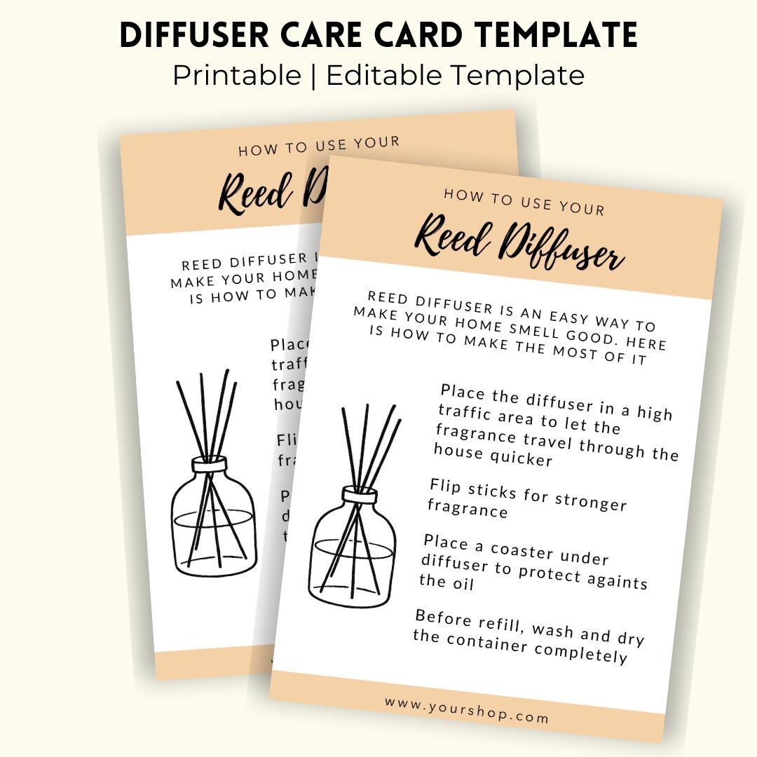 Reed Diffuser Care Card Template | Room Diffuser Guide | Reed Diffuser ...