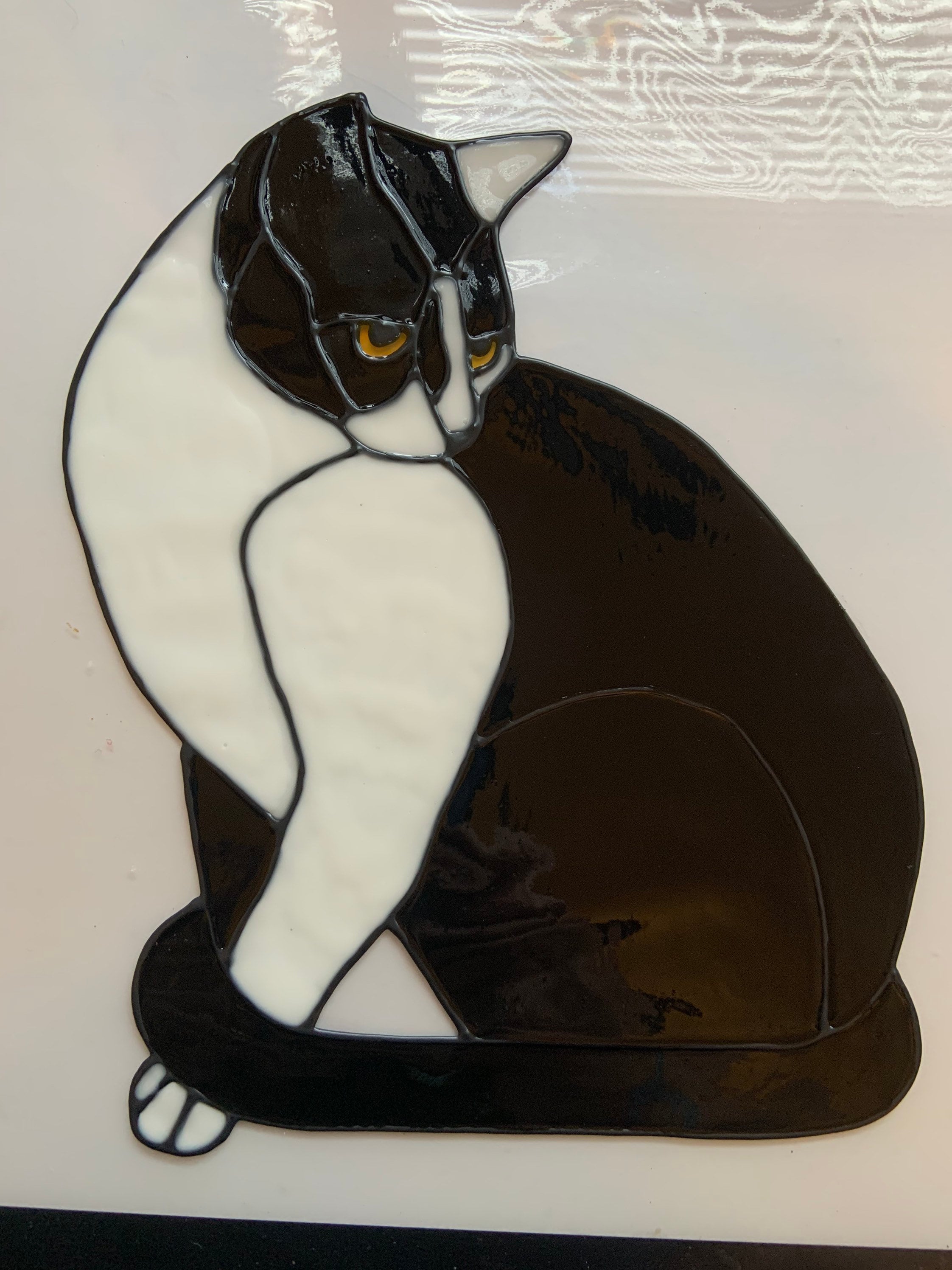 Hand Painted Black and White Cat, Window Cling, Faux Stained Glass ...