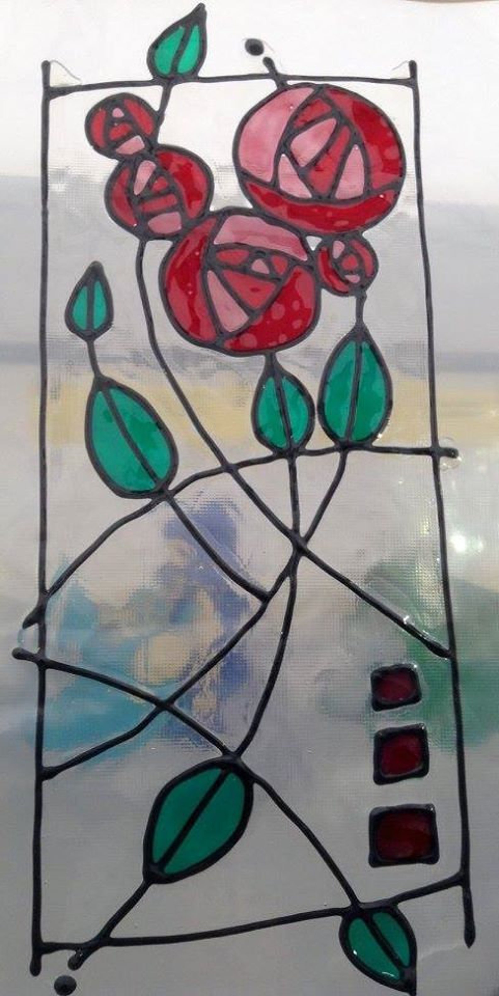 Hand Painted Red Rose Window, Window Cling, Faux Stained Glass Effect ...