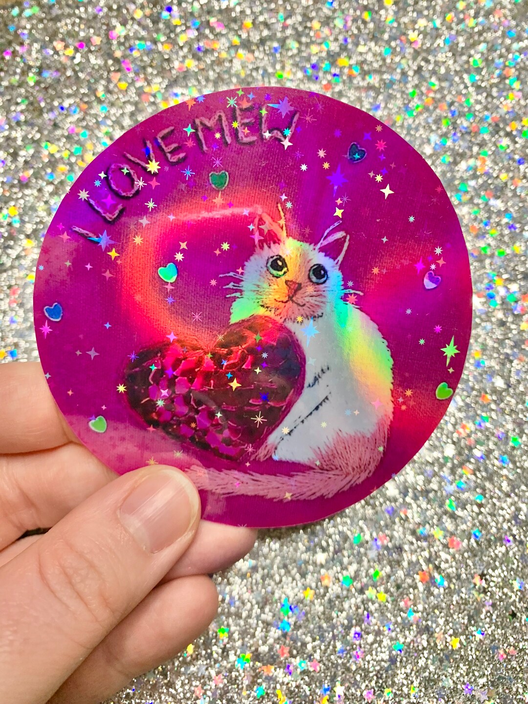 Rainbow Holographic 3.5” I Love Mew White Cat Valentine’s Day Sticker ...