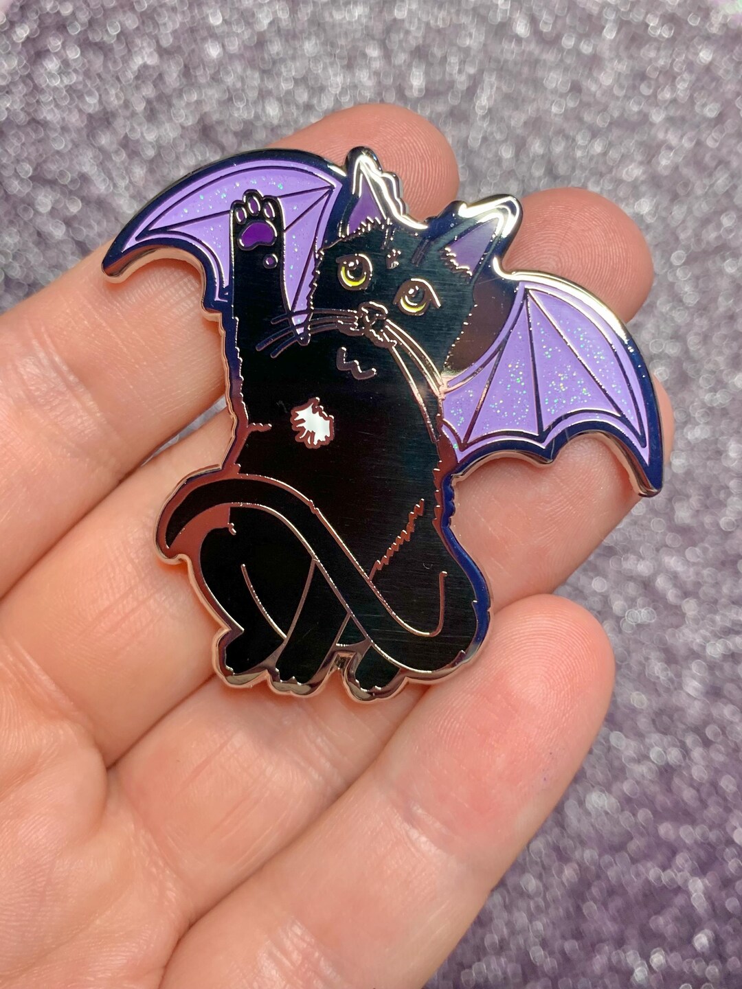 2” Bat Kitty Black Cat Fairy Enamel Pin With Purple Glitter Wings - Etsy