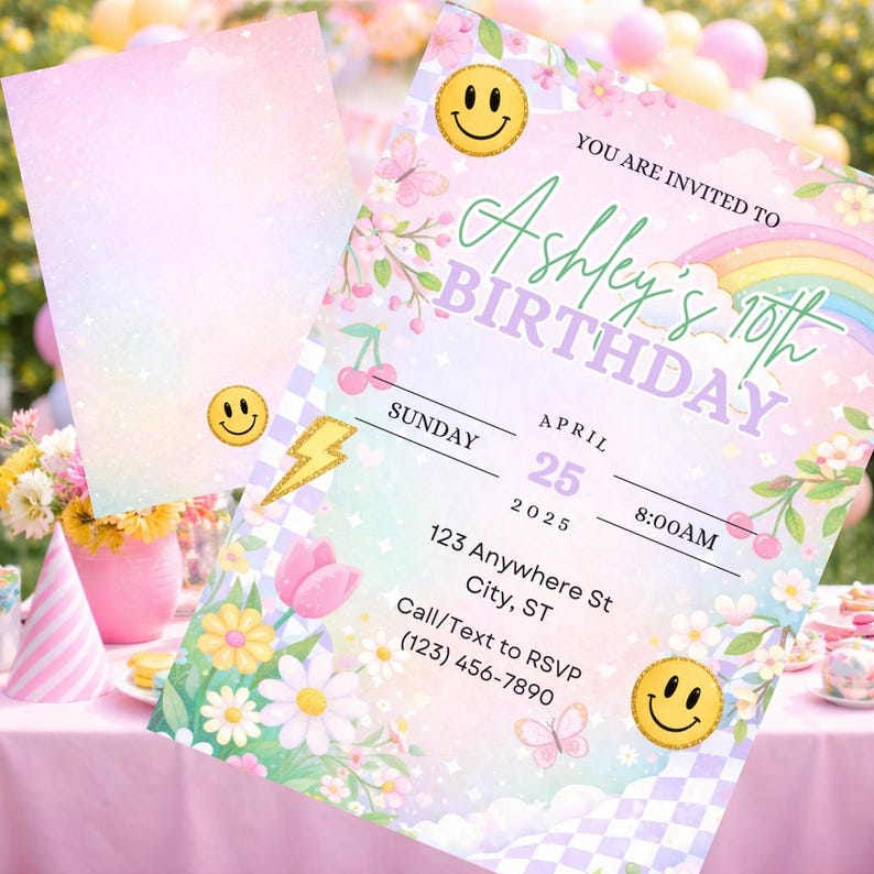 Pastel Rainbow Birthday Invitation | Girl Canva Template | Smiley Face ...