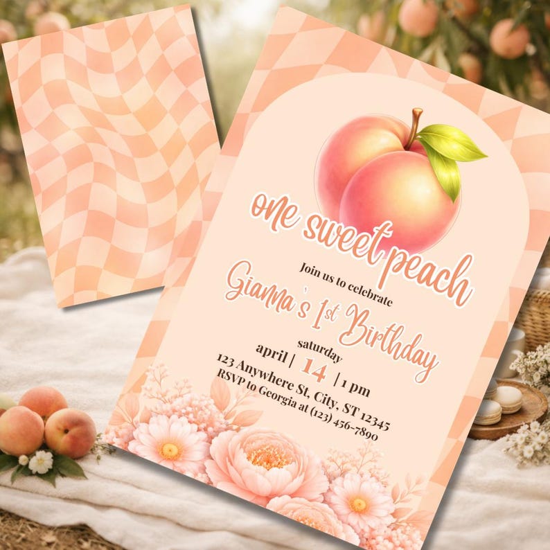 One Sweet Peach Birthday Invitation | Peach 1st Birthday Girl Invite ...