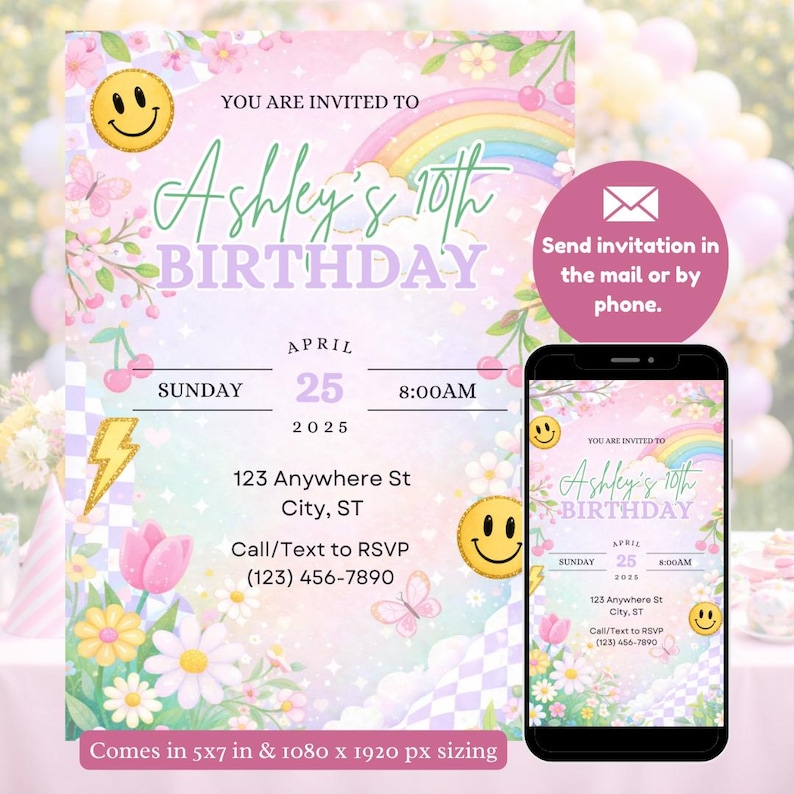 Pastel Rainbow Birthday Invitation | Girl Canva Template | Smiley Face ...