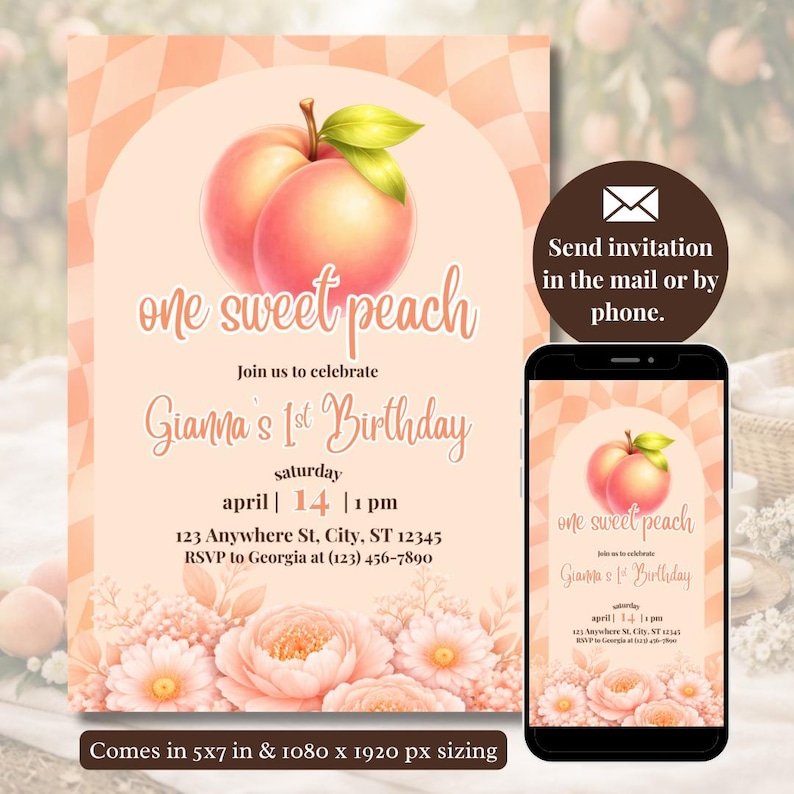 One Sweet Peach Birthday Invitation | Peach 1st Birthday Girl Invite ...