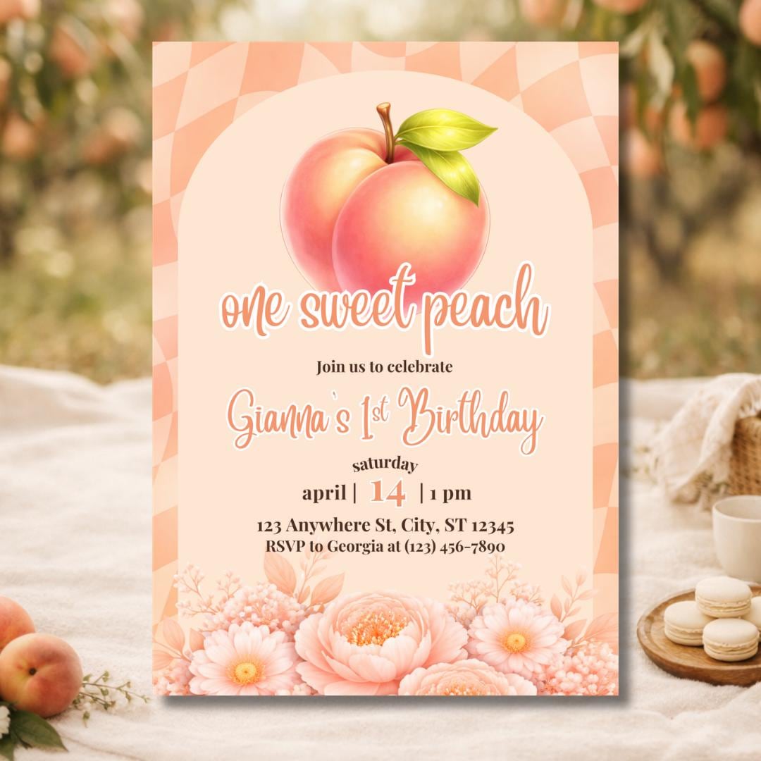 One Sweet Peach Birthday Invitation | Peach 1st Birthday Girl Invite ...