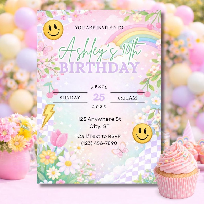 Pastel Rainbow Birthday Invitation | Girl Canva Template | Smiley Face ...