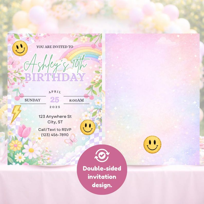 Pastel Rainbow Birthday Invitation | Girl Canva Template | Smiley Face ...