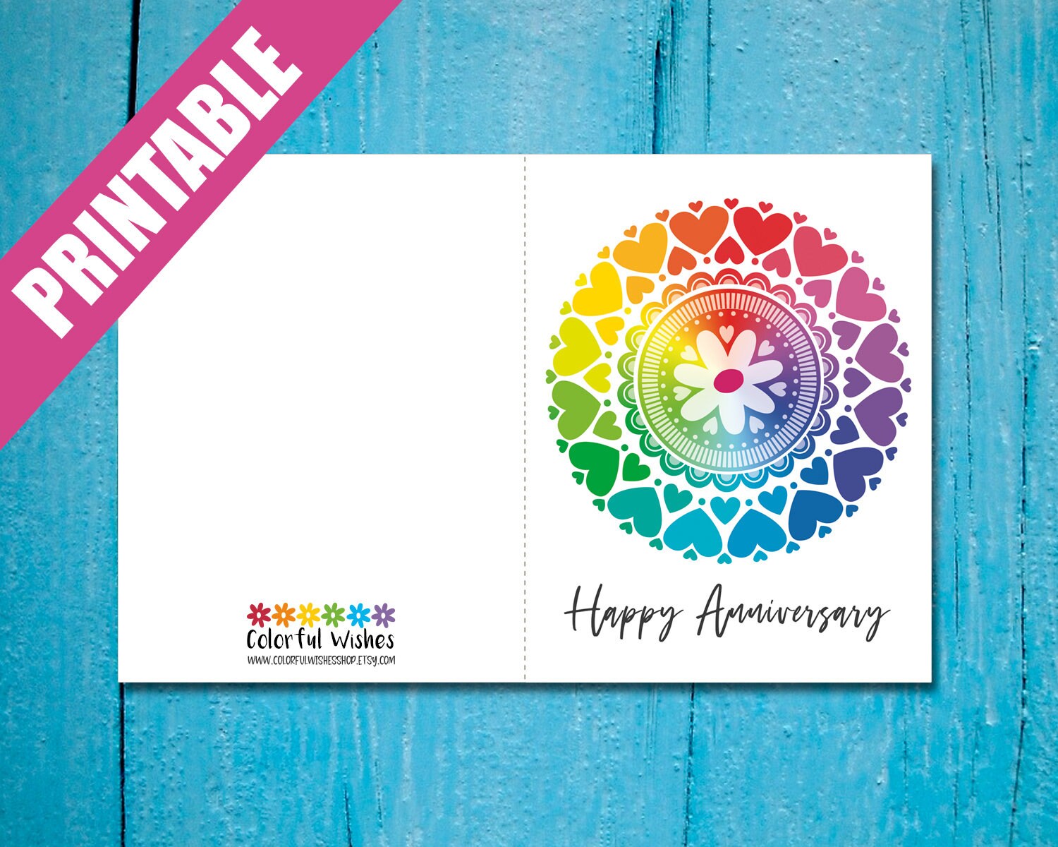 Printable Happy Anniversary Card With Hearts & Flower, Colorful ...