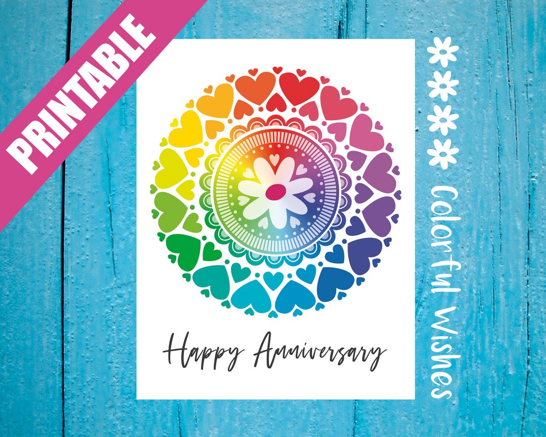 Printable Happy Anniversary Card With Hearts & Flower, Colorful ...
